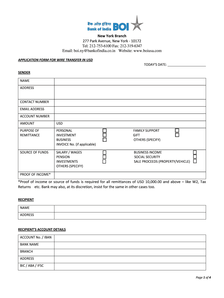 Fillable Online New York Branch 277 Park Avenue, New York - Bank of India Fax Email Print ...