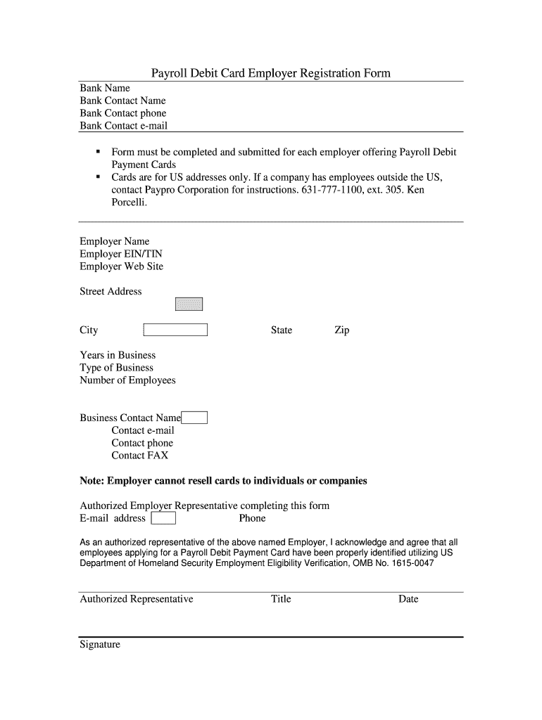 Fillable Online Payroll Debit Card Employer Registration Form Fax Email ...