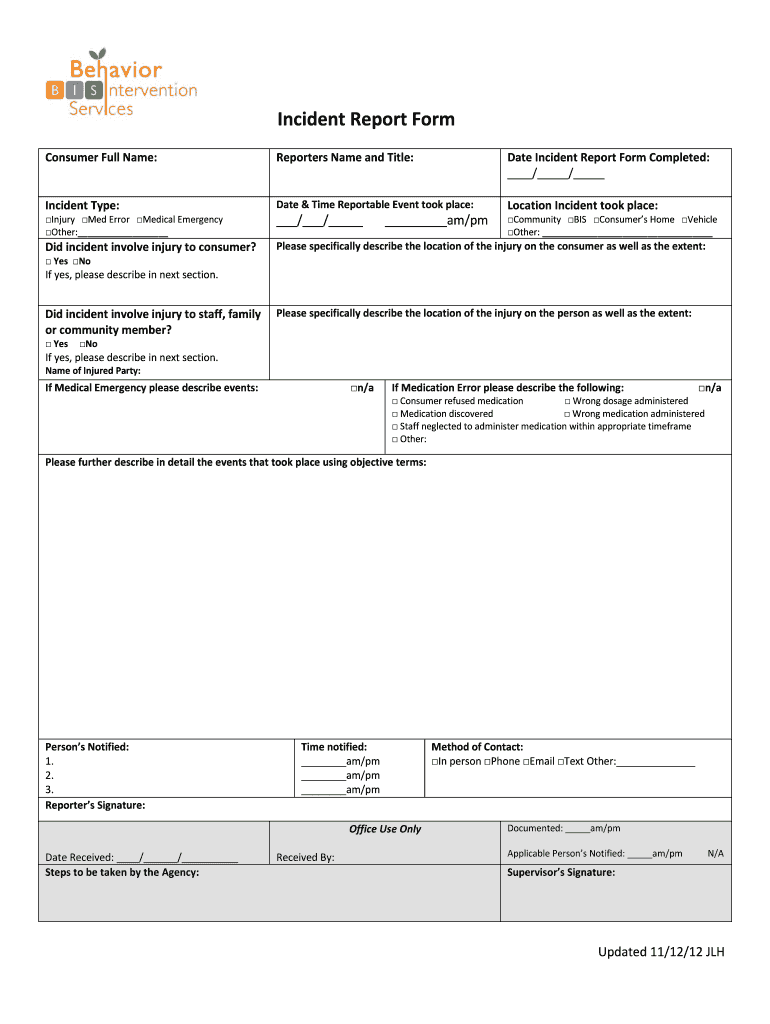 Fillable Online Incident Report Form - Behavior Intervention Services Fax Email Print - pdfFiller