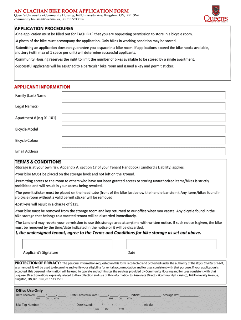 Fillable Online AN CLACHAN BIKE ROOM APPLICATION FORM Fax Email Print - pdfFiller