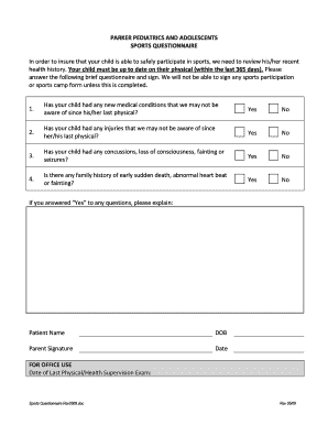 Fillable Online Sports Questionnaire - Parker Pediatrics and ...