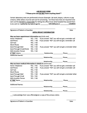 Fillable Online LAB RELEASE FORM **Please print and DO NOT leave... Fax ...
