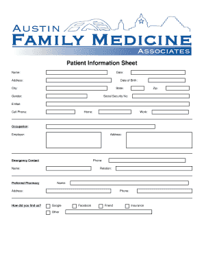 Fillable Online Patient Information Sheet - Austin Family Medicine Fax ...