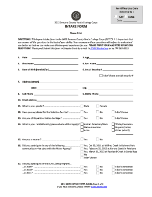 Fillable Online Intake Form. Form for entrance into the Sonoma County Youth Ecology Corps Fax ...