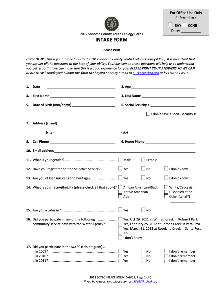 Fillable Online Intake Form. Form for entrance into the Sonoma County ...