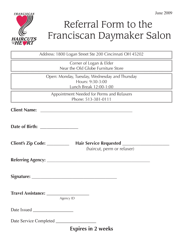 Fillable Online Referral Form to the Franciscan Daymaker Salon Fax Email Print - pdfFiller