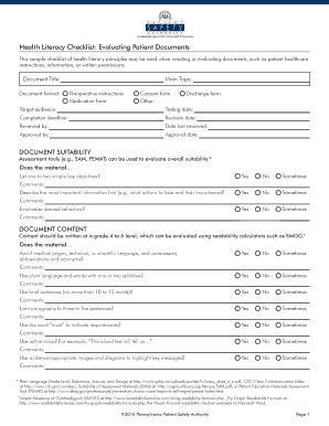 Fillable Online patientsafetyauthority Health Literacy Checklist ...