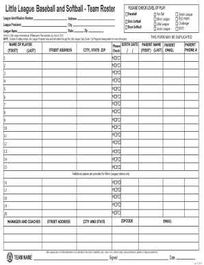 Fillable Online Little League Baseball and Softball - Team Roster ...