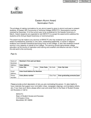 Fillable Online easternwv Eastern Alumni Award Nomination Form Part A. - Eastern West ... Fax ...