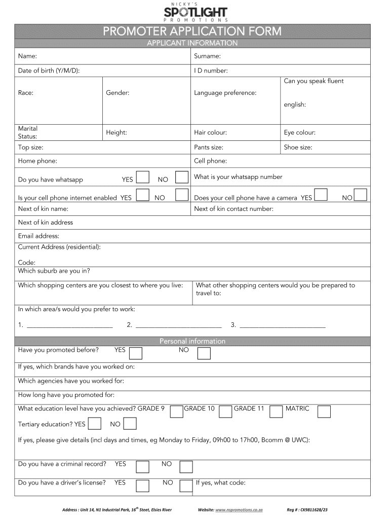 Fillable Online APPLICANT INFORMATION - Nicky's Spotlight... Fax Email ...