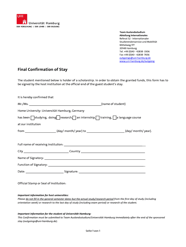 Fillable Online Final Confirmation of Stay - uni-hamburg.de Fax Email ...