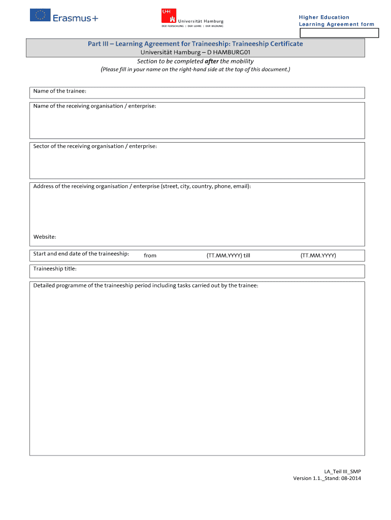 Fillable Online Part III Learning Agreement for Traineeship ...