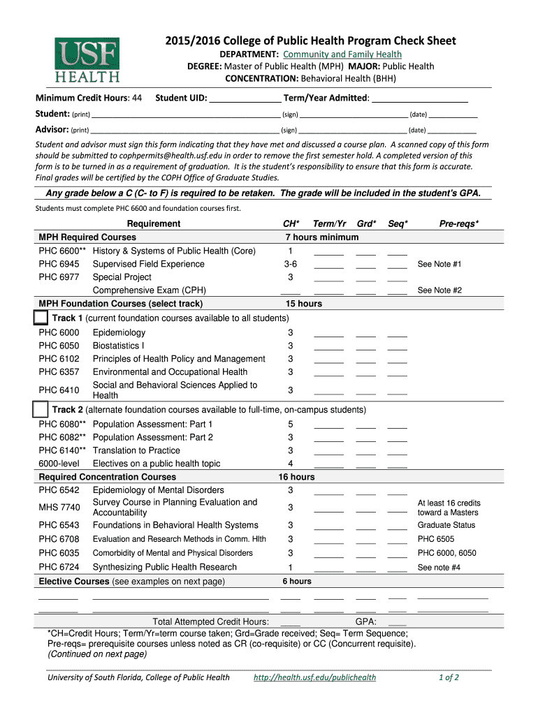 Fillable Online health usf 2015/2016 College of Public Health Program ...