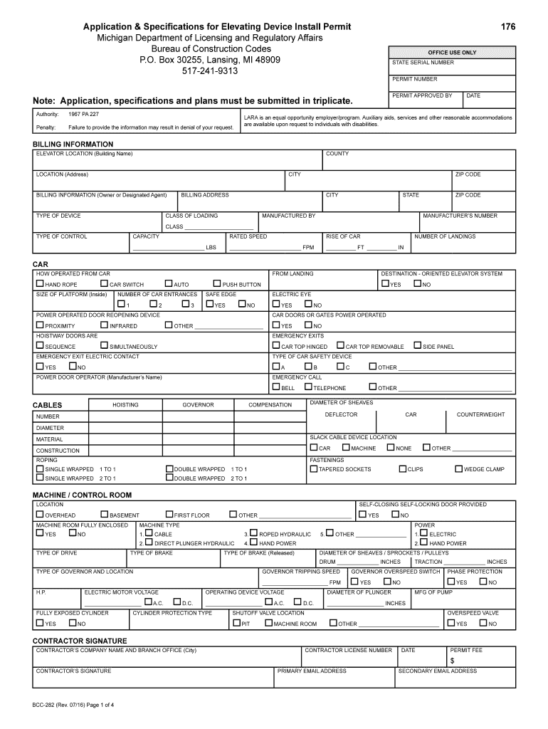 Fillable Online Application for Elevator Permit - State of Michigan Fax ...