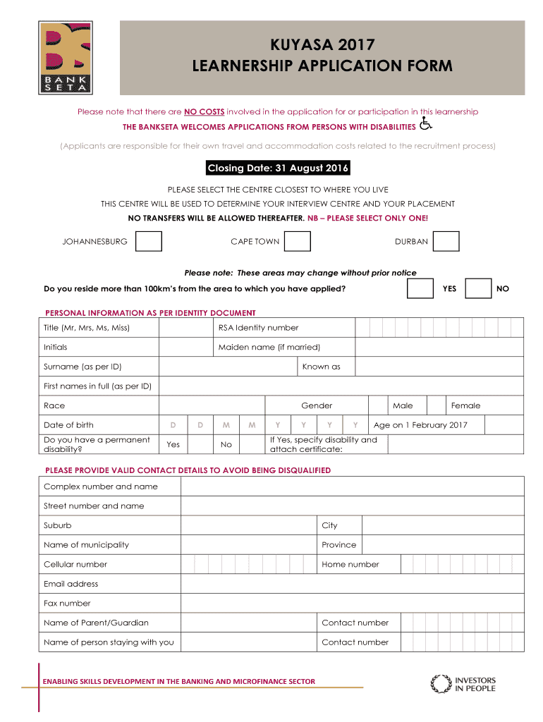 Fillable Online kuyasa 2017 learnership application form - Kelly Fax Email Print - pdfFiller