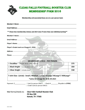 Fillable Online Clear Falls Football Booster Club Membership Form ...