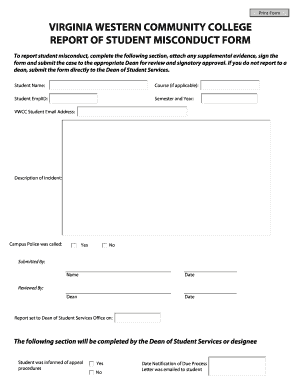 Fillable Online virginiawestern Report of Student Misconduct Form ...