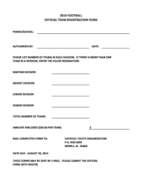 Fillable Online 2014 FOOTBALL OFFICIAL TEAM REGISTRATION FORM Fax Email ...