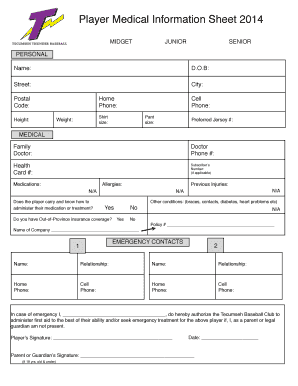Fillable Online Player Medical Information Sheet 2014 Fax Email Print - pdfFiller