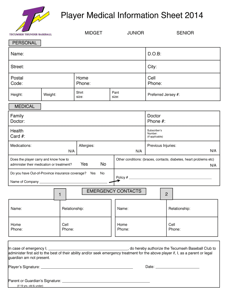 Fillable Online Player Medical Information Sheet 2014 Fax Email Print - pdfFiller
