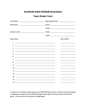 Fillable Online Southside Adult Kickball Association Team Roster ...
