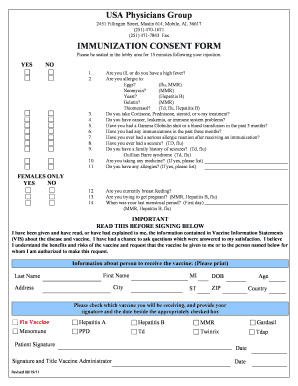 Fillable Online USA Physicians Group IMMUNIZATION CONSENT FORM Fax ...