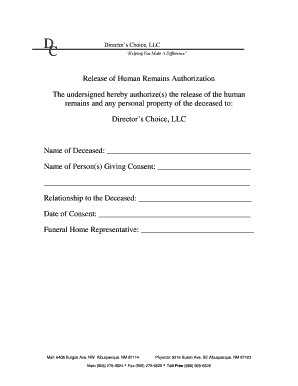 Fillable Online Release of Human Remains Authorization The undersigned ...