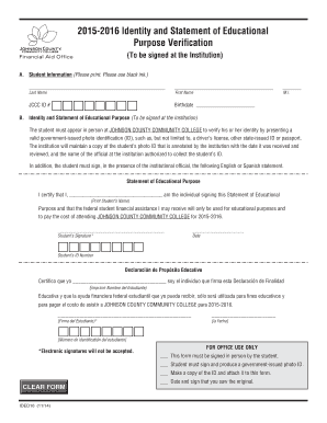 Fillable Online jccc 2015-2016 Identity and Statement of Educational ...