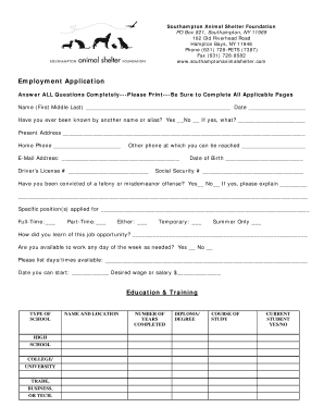 Fillable Online Employment Application - Southampton Animal Shelter Fax ...