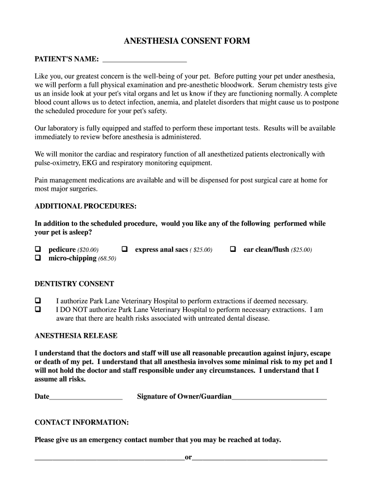 Fillable Online anesthesia consent form - Park Lane Veterinary Hospital ...