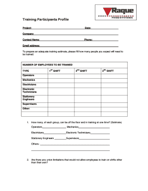 Fillable Online Training Participants Profile - Raque Food Systems Fax ...