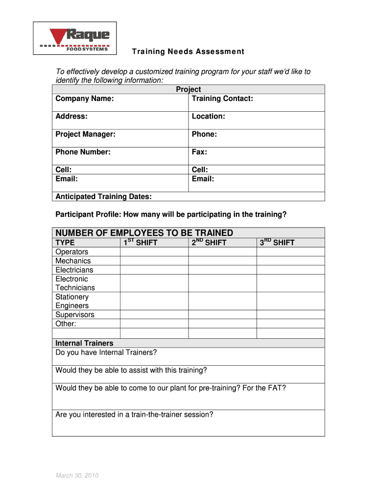 Fillable Online Training Needs Assessment - Raque Food Systems Fax ...