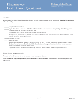 Fillable Online Rheumatology Health History Questionnaire Fax Email ...