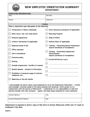 Fillable Online NEW EMPLOYEE ORIENTATION SUMMARY Fax Email Print ...