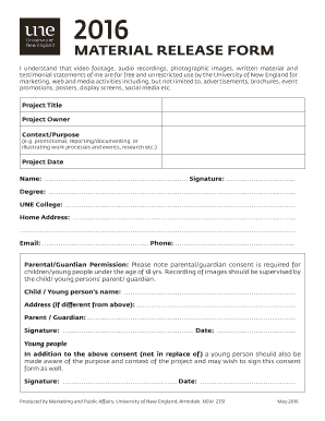 Fillable Online une edu MATERIAL RELEASE FORM - une.edu.au - une edu ...