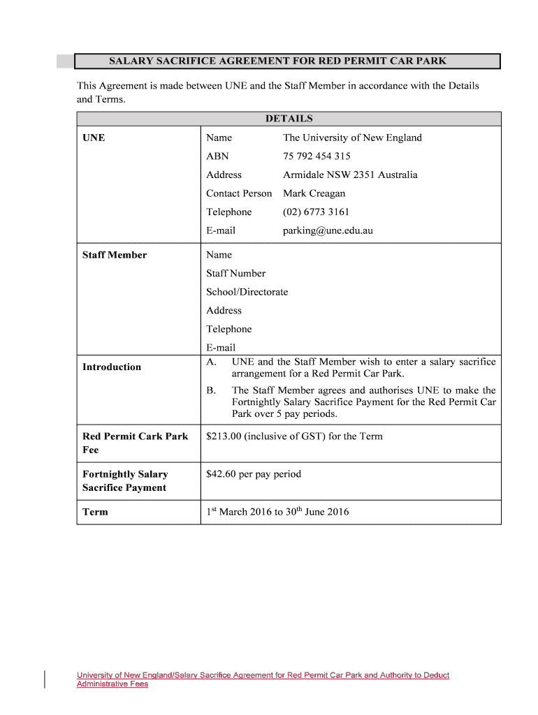 Fillable Online une edu SALARY SACRIFICE AGREEMENT FOR RED PERMIT CAR ...