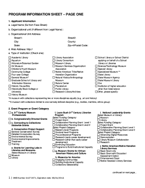 Fillable Online imls PROGRAM INFORMATION SHEET PAGE ONE Fax Email Print ...