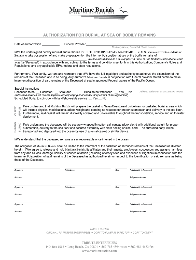 Fillable Online AUTHORIZATION FOR BURIAL AT SEA OF BODILY REMAINS Fax ...