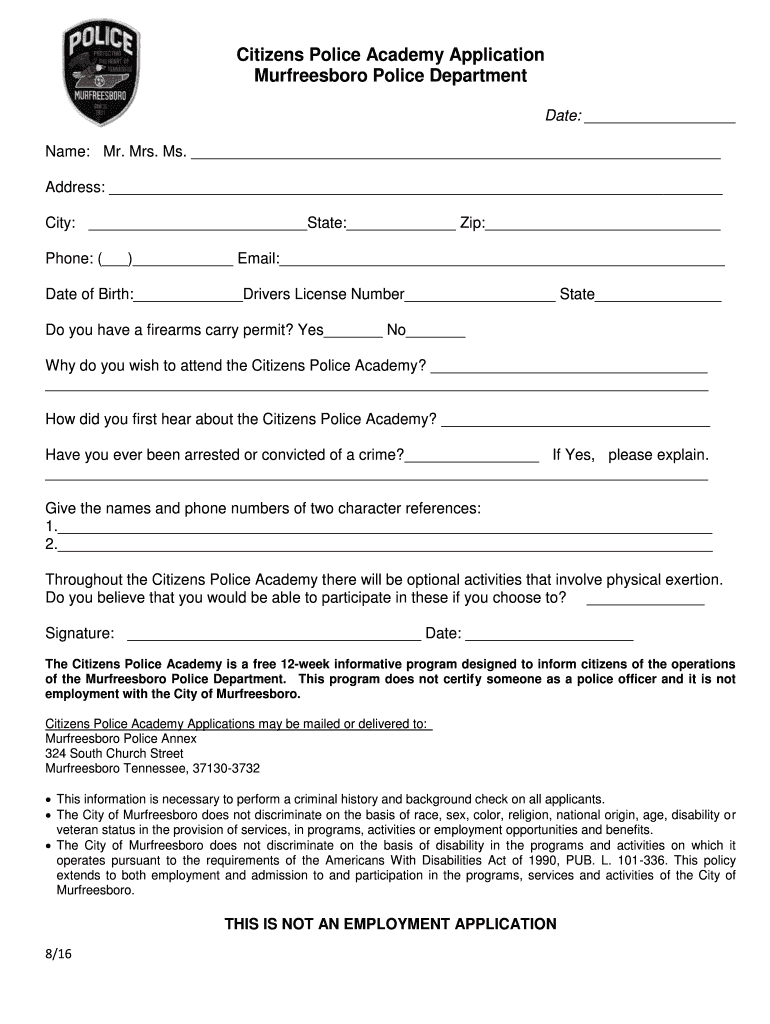 Fillable Online murfreesborotn Citizens Police Academy - murfreesborotn ...