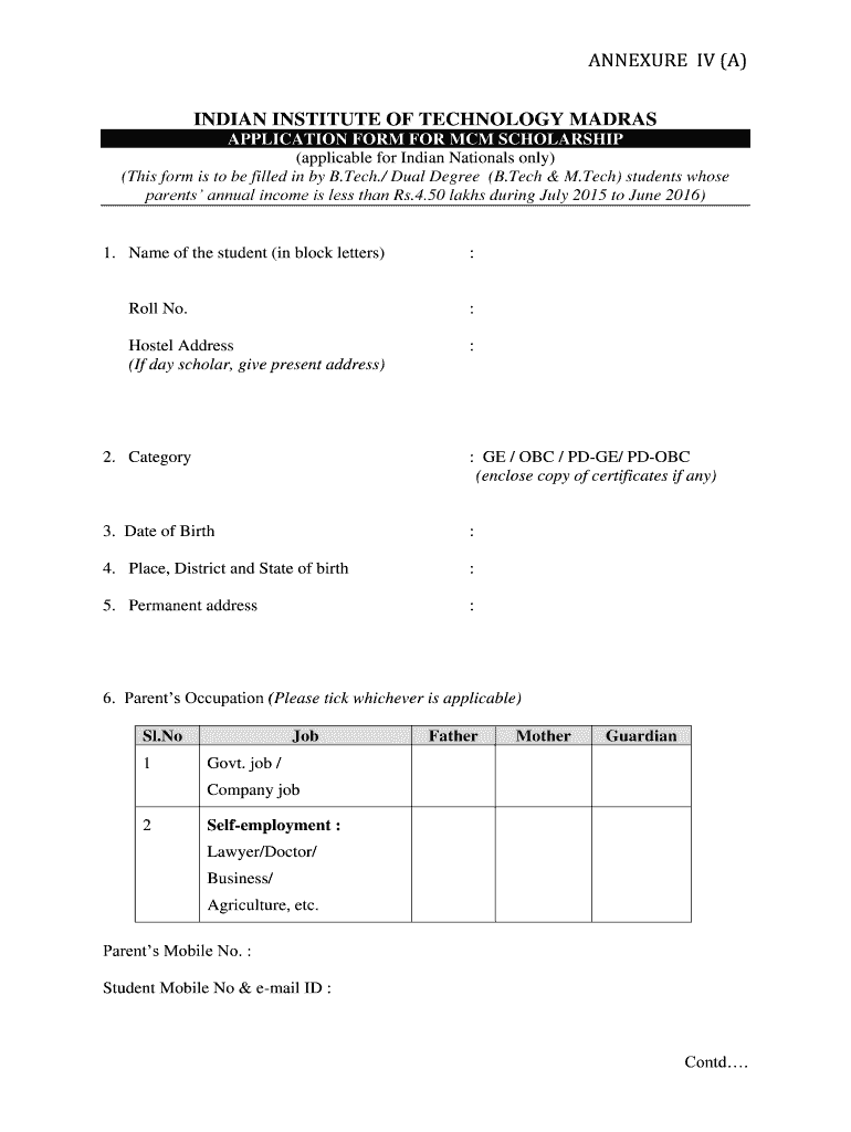 Fillable Online INDIAN INSTITUTE OF TECHNOLOGY MADRAS APPLICATION Fax Email Print - pdfFiller