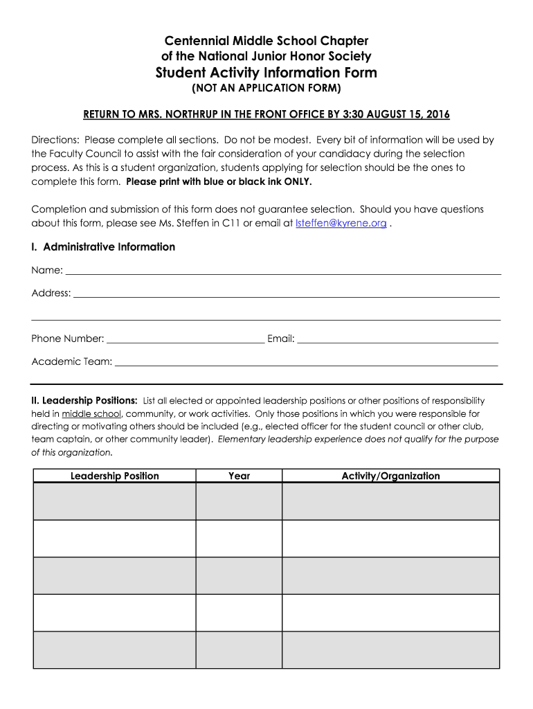 Fillable Online kyrene Student Activity Information Form - Kyrene ...