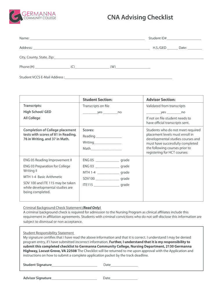 Fillable Online germanna CNA Advising Checklist - germanna Fax Email ...