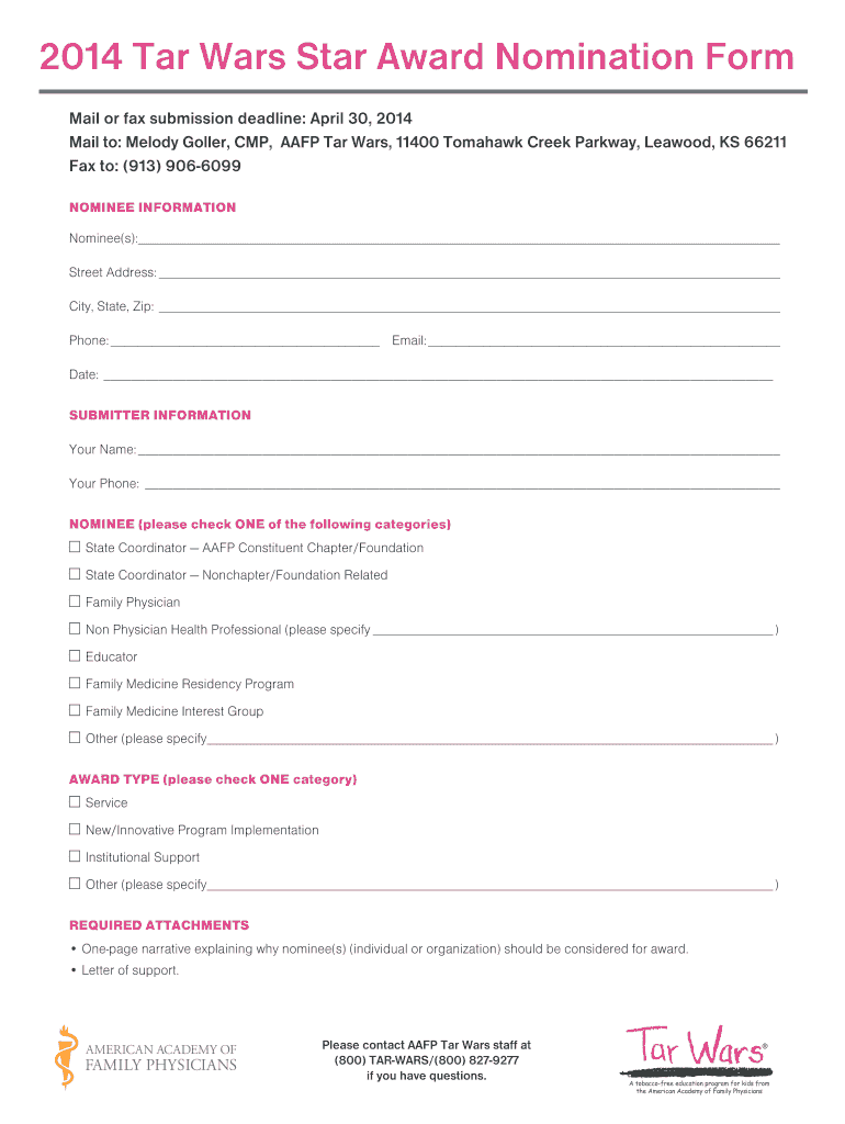 Fillable Online aafp Tar Wars Star Award Nomination Form - aafp.org Fax ...