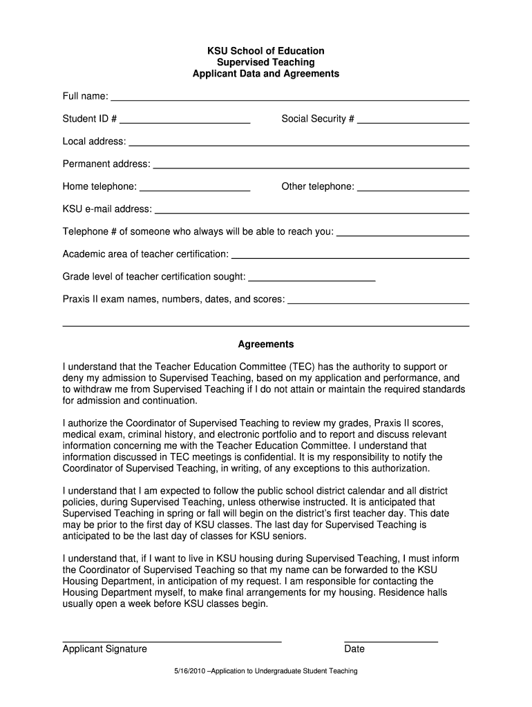 Fillable Online kysu Application to Supervised Teaching 5 16 10 Fax Email Print - pdfFiller