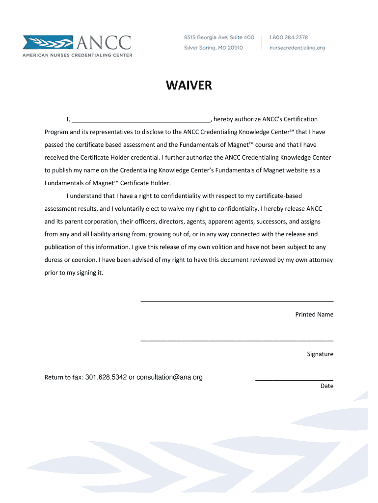 Fillable Online WAIVER - American Nurses Credentialing Center Fax Email Print - pdfFiller