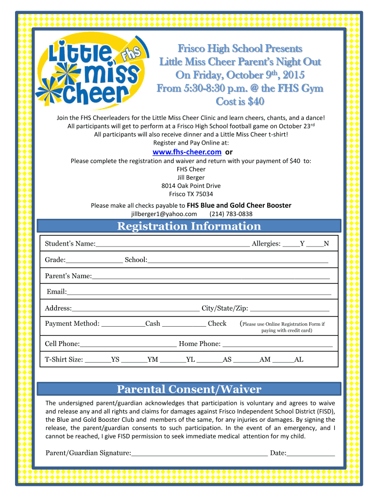 Fillable Online Frisco High School Presents Little Miss Cheer Parent's ...
