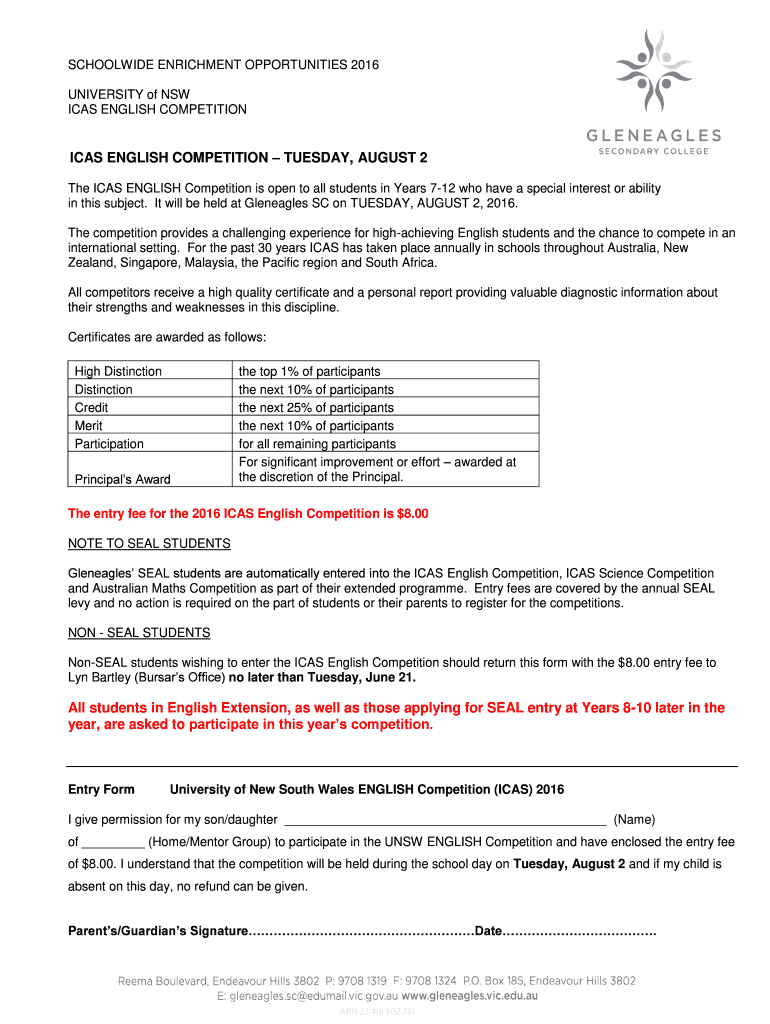 Fillable Online gleneagles vic edu ICAS ENGLISH COMPETITION ...