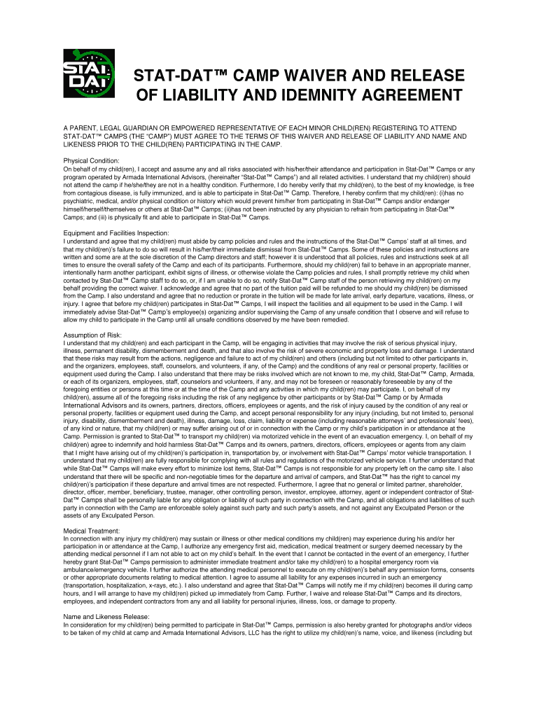 Fillable Online stat-dat camp waiver and release of liability and ...