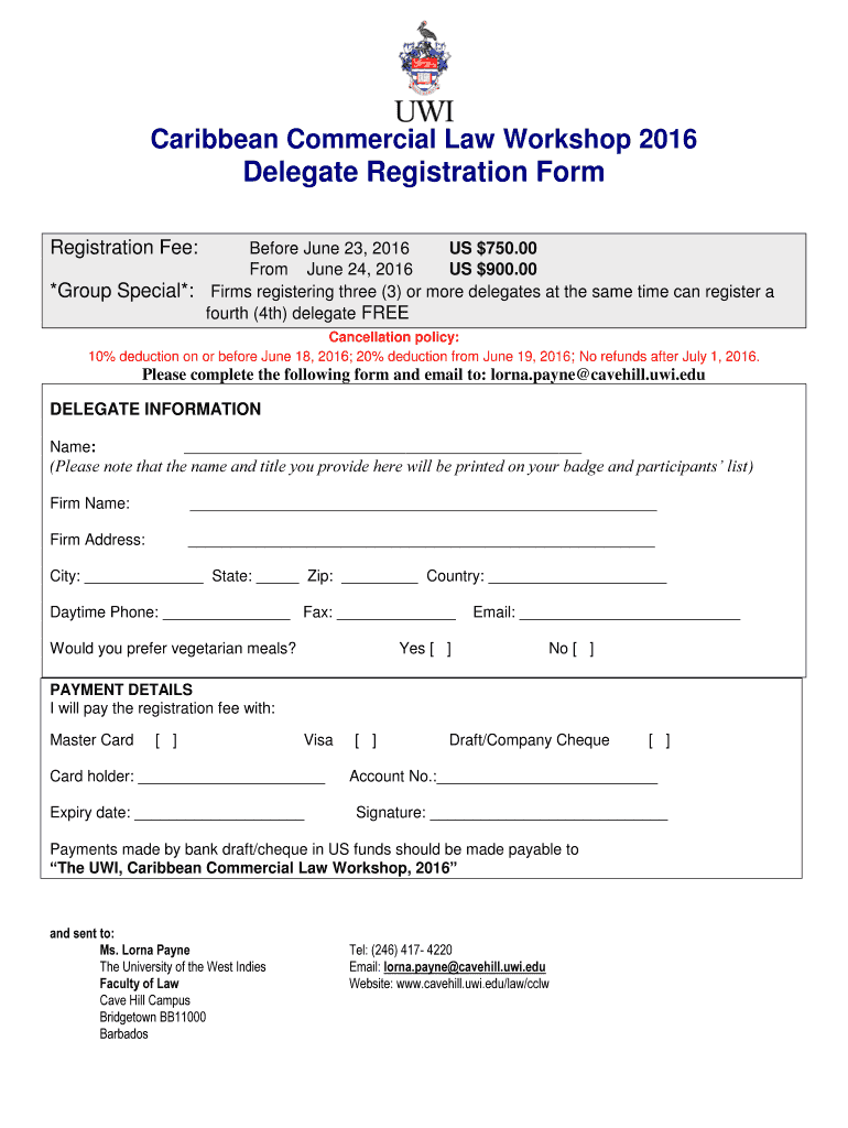 Fillable Online cavehill uwi Registration Fee: Fax Email Print - pdfFiller