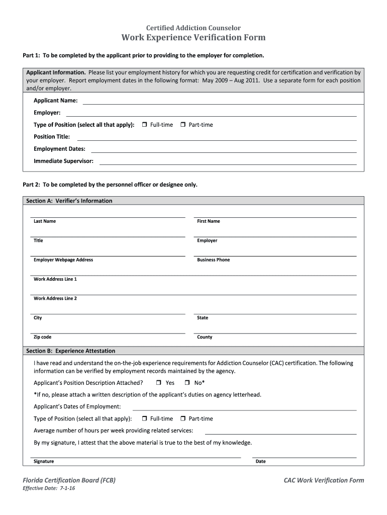 Fillable Online flcertificationboard CAC Work Verification Form - Florida Certification Board ...